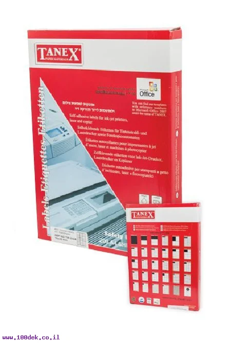 דפי מדבקות Tanex A4, גודל 105x140 מ"מ, 4 בדף, 200 דפים - www.100dek.co.il